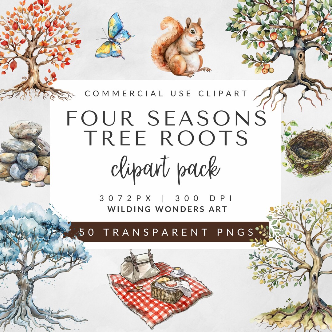 Watercolor Tree Roots Clipart for Commercial Use, Four Seasons Tree ...