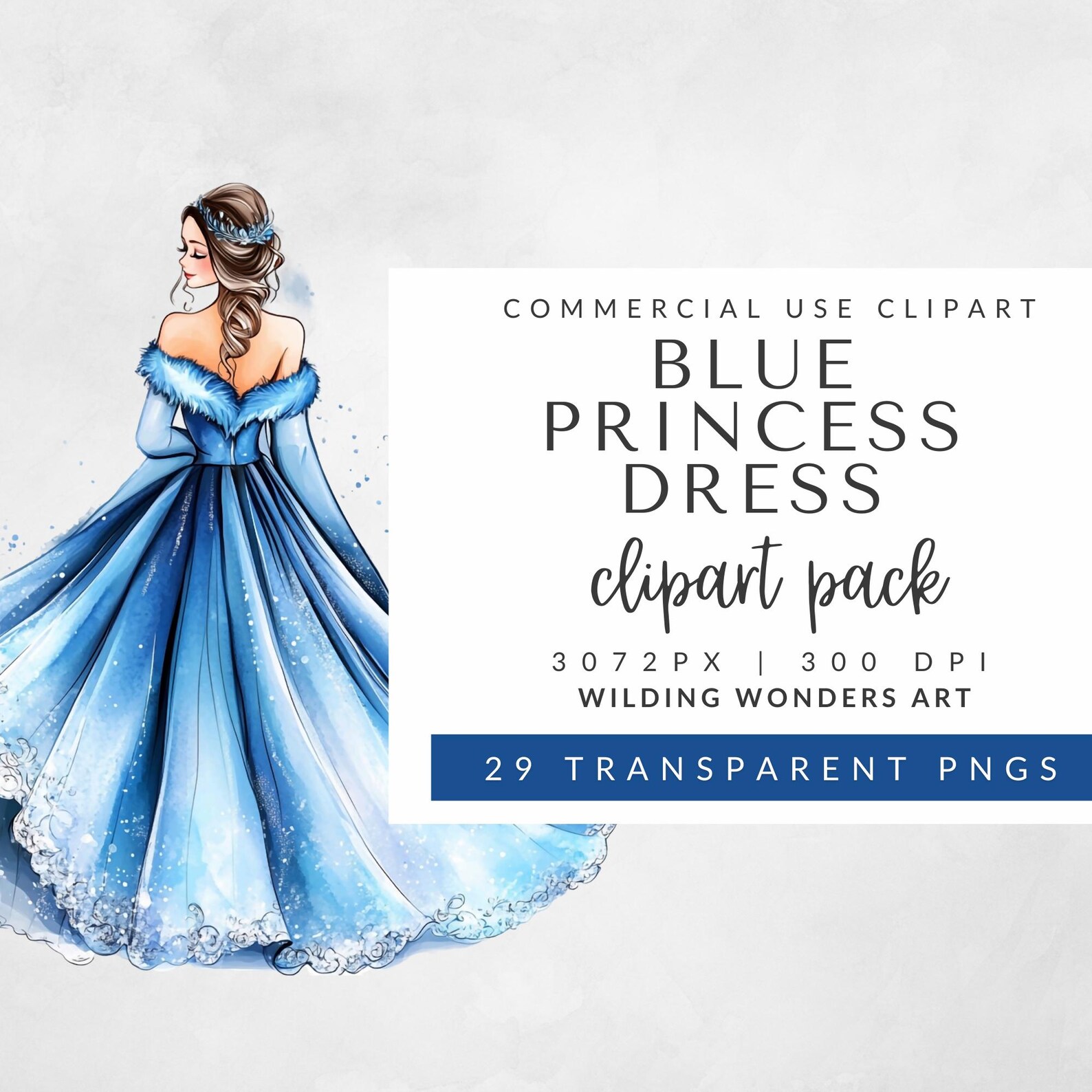 Watercolor Blue Princess Dress Clipart for Commercial Use, Watercolor ...