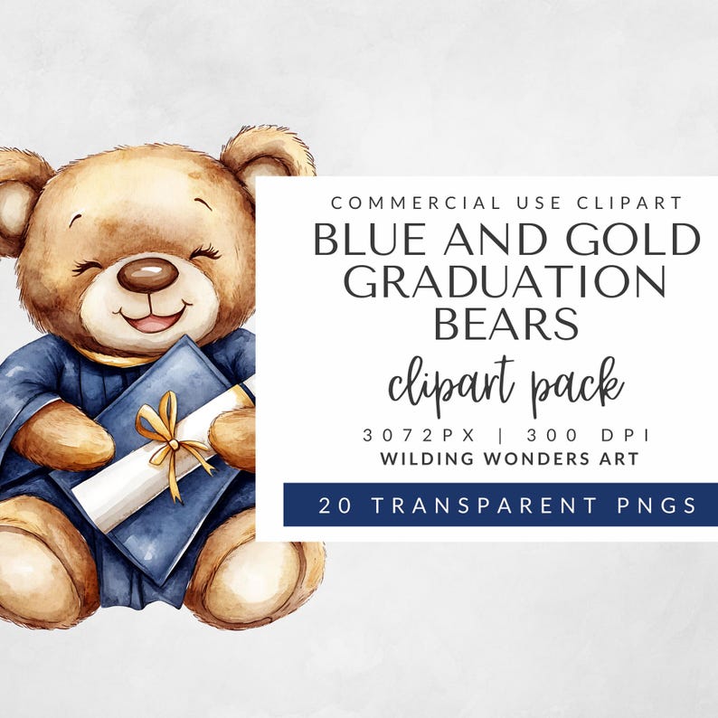 Blue and Gold Graduation Bears Clipart Pack for Commercial Use ...