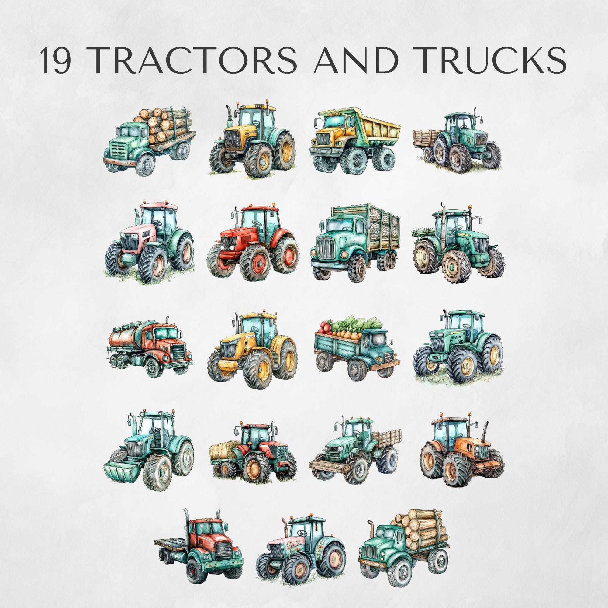 Tractors and Farm Trucks Clipart for Commercial Use, Watercolor Tractor ...