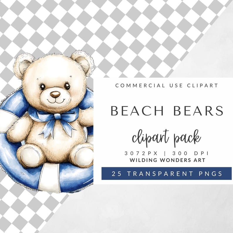 Beach Bears Clipart Pack for Commercial Use, Watercolor Teddy Bear ...