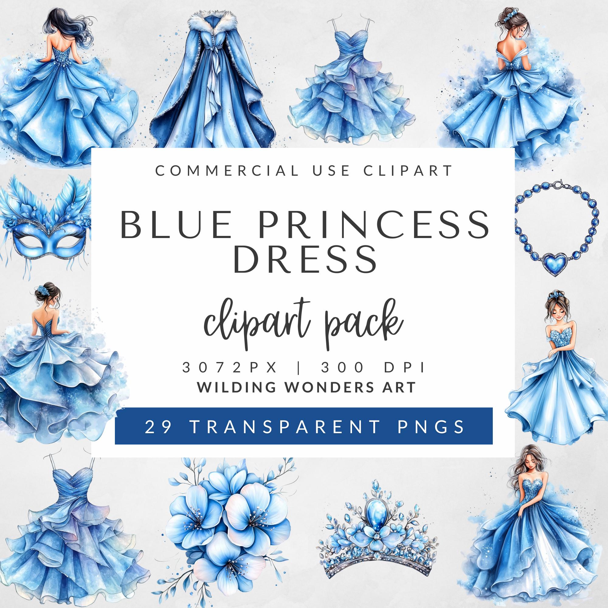 Watercolor Blue Princess Dress Clipart for Commercial Use, Watercolor ...