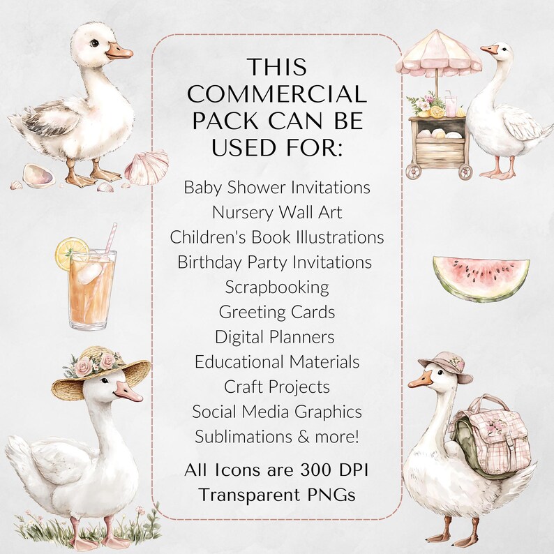 Cottagecore Summer Goose Clipart Pack for Commercial Use, Watercolor ...