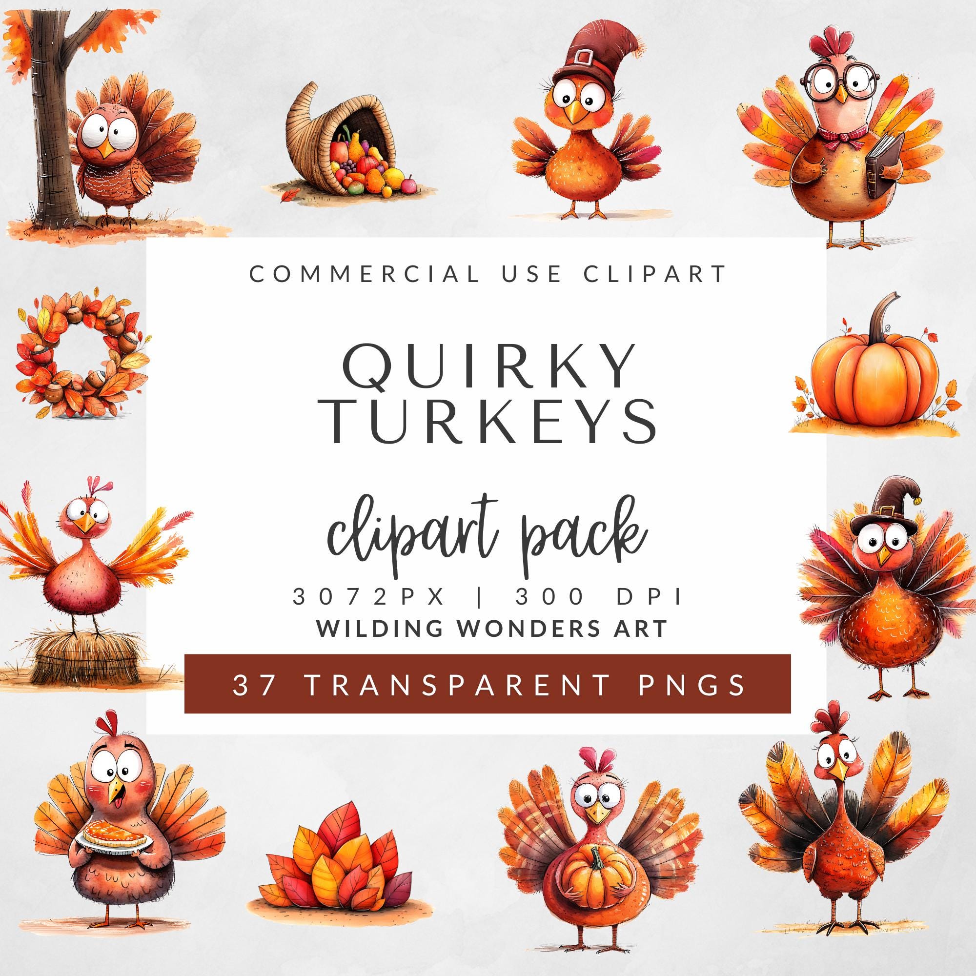 Quirky Turkeys Clipart Pack for Commercial Use, Thanksgiving Turkey ...