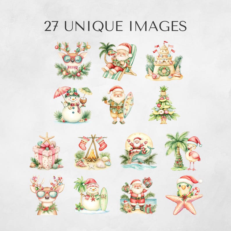 Santa on the Beach Clipart Pack for Commercial Use, Tropical Christmas ...