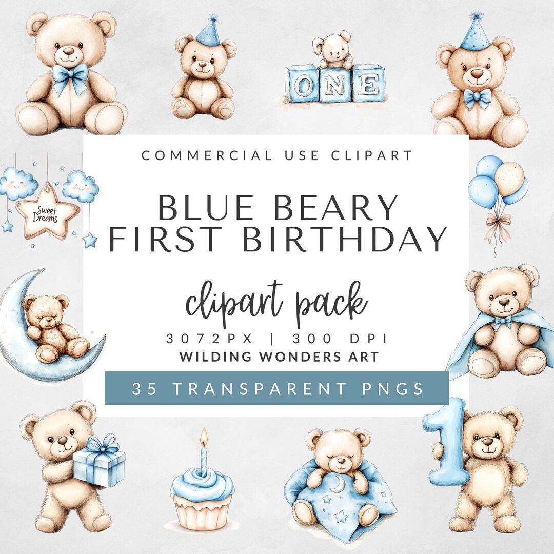 Blue Beary First Birthday Clipart Pack for Commercial Use, Baby Shower ...