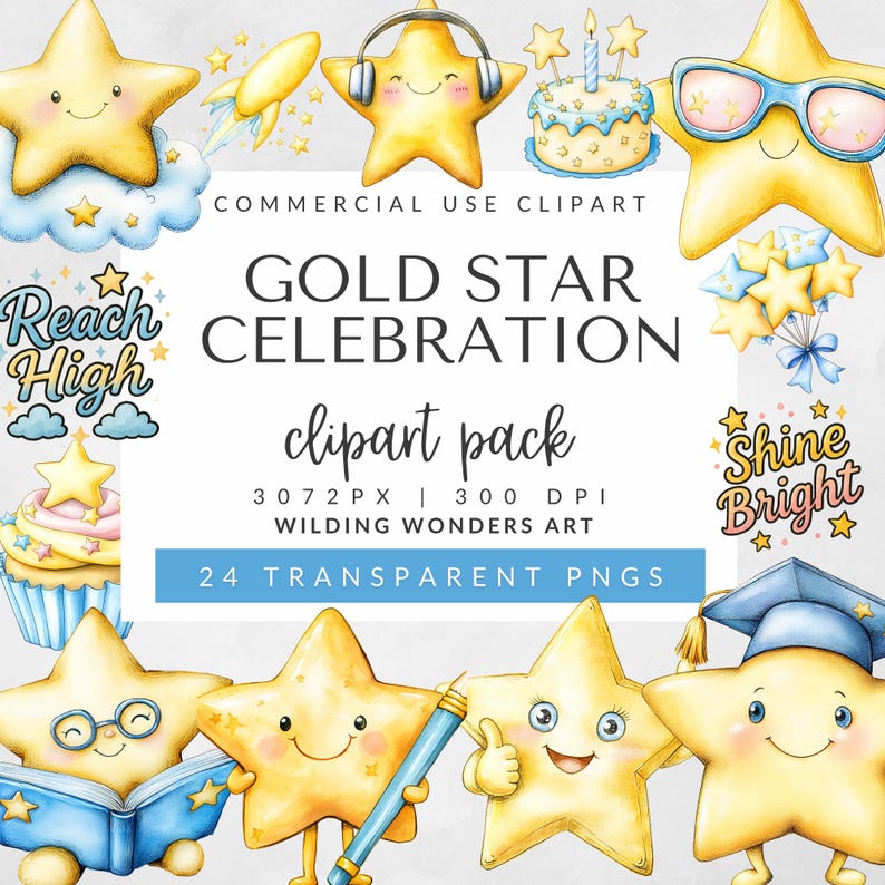 Gold Star Celebration Clipart Pack for Commercial Use, Cute Star PNG ...