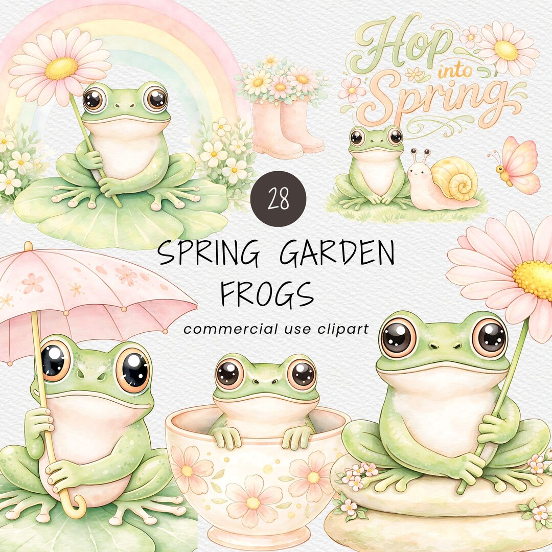 Spring Garden Frog Clipart Pack for Commercial Use, Watercolor Frog ...