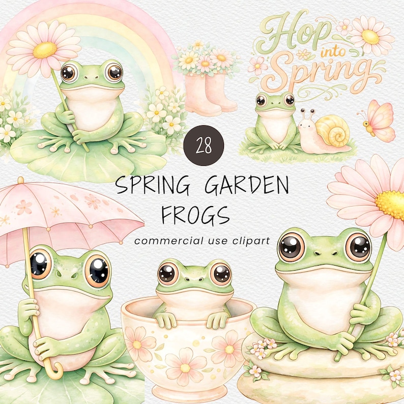 Spring Garden Frog Clipart Pack for Commercial Use, Watercolor Frog ...