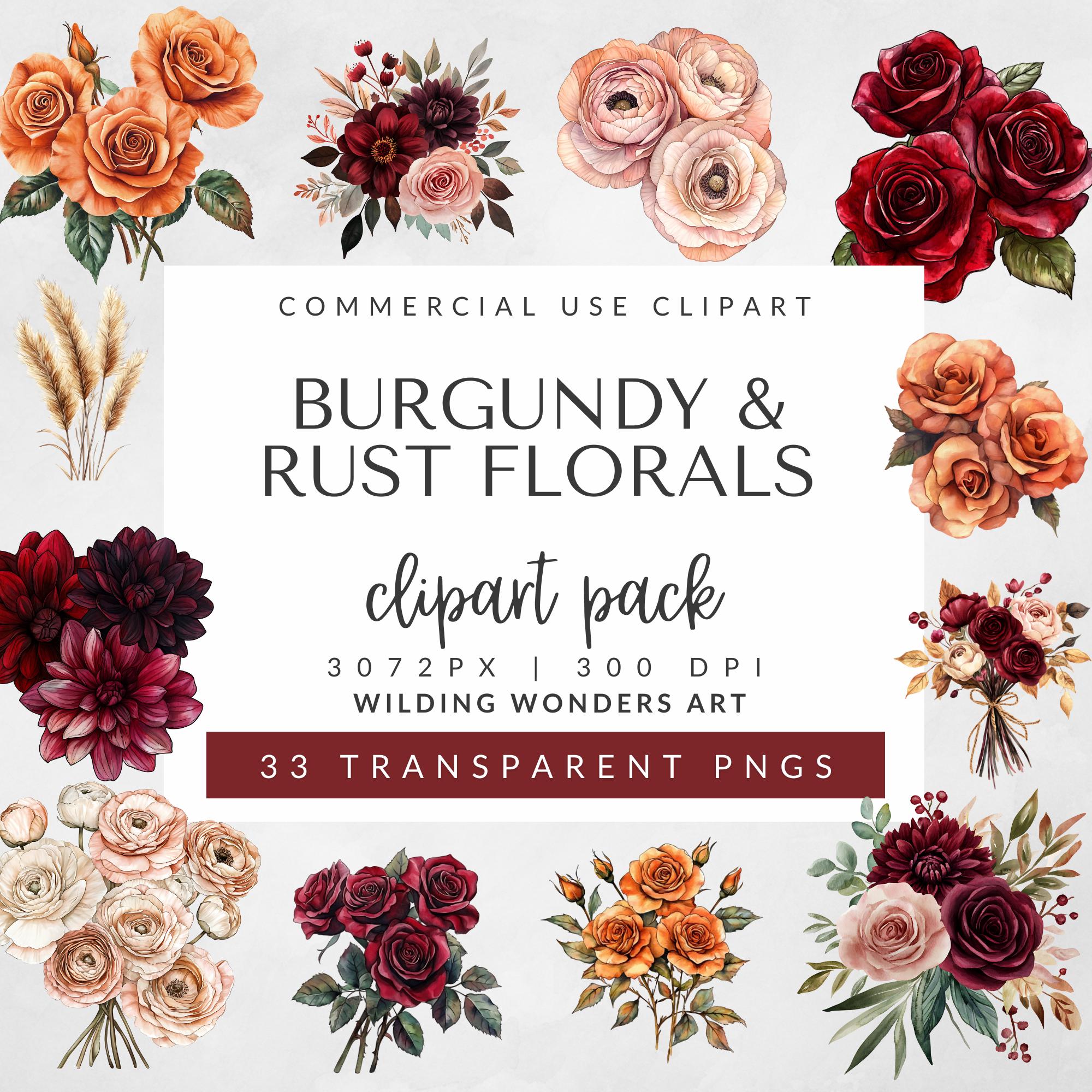Burgundy & Rust Florals Clipart Pack for Commercial Use, Fall Floral ...