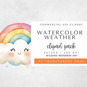 Watercolor Weather Clipart for Commercial Use, Rainbow Clouds ...