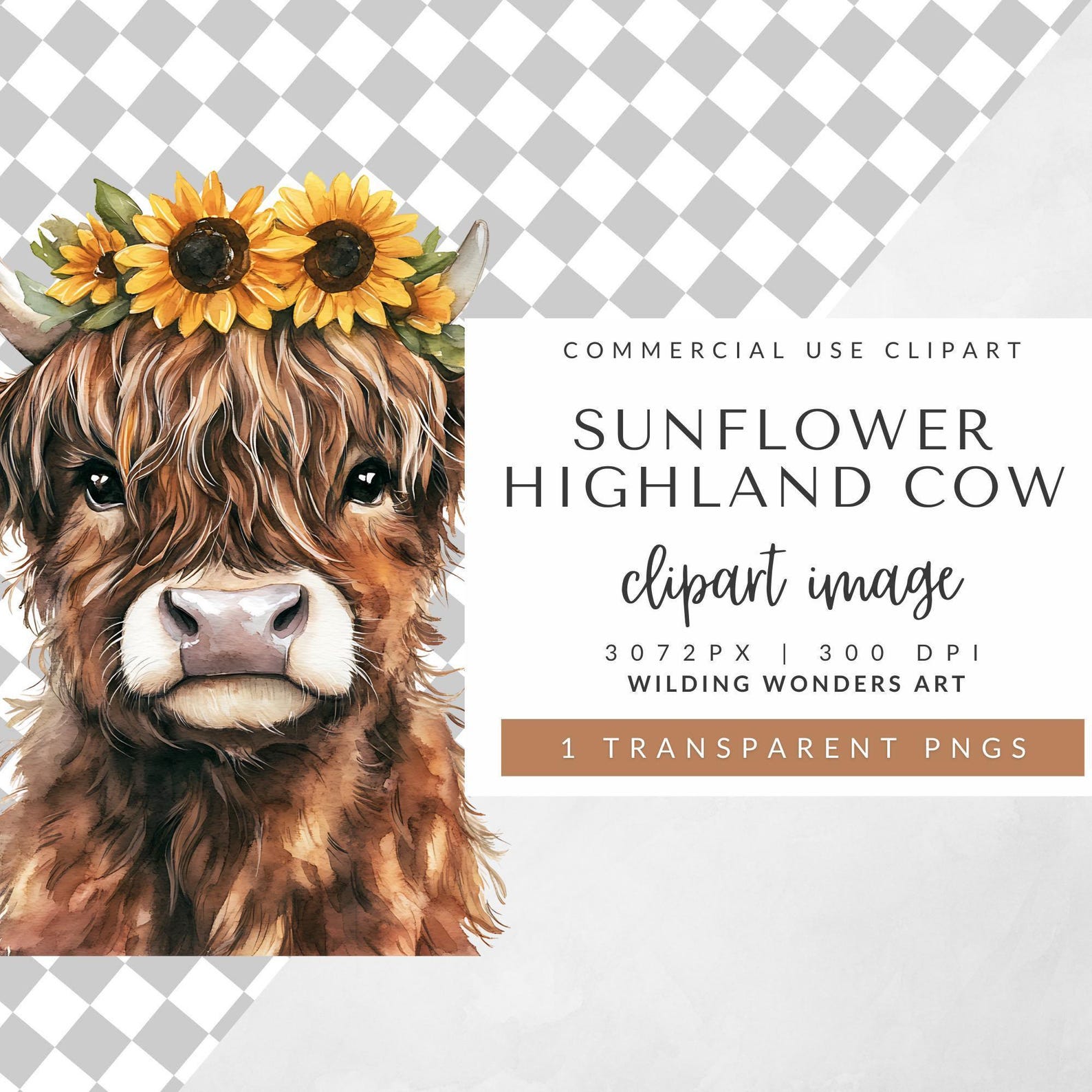 Highland Cow Sunflower Clipart Pack for Commercial Use, Baby Animal PNG ...