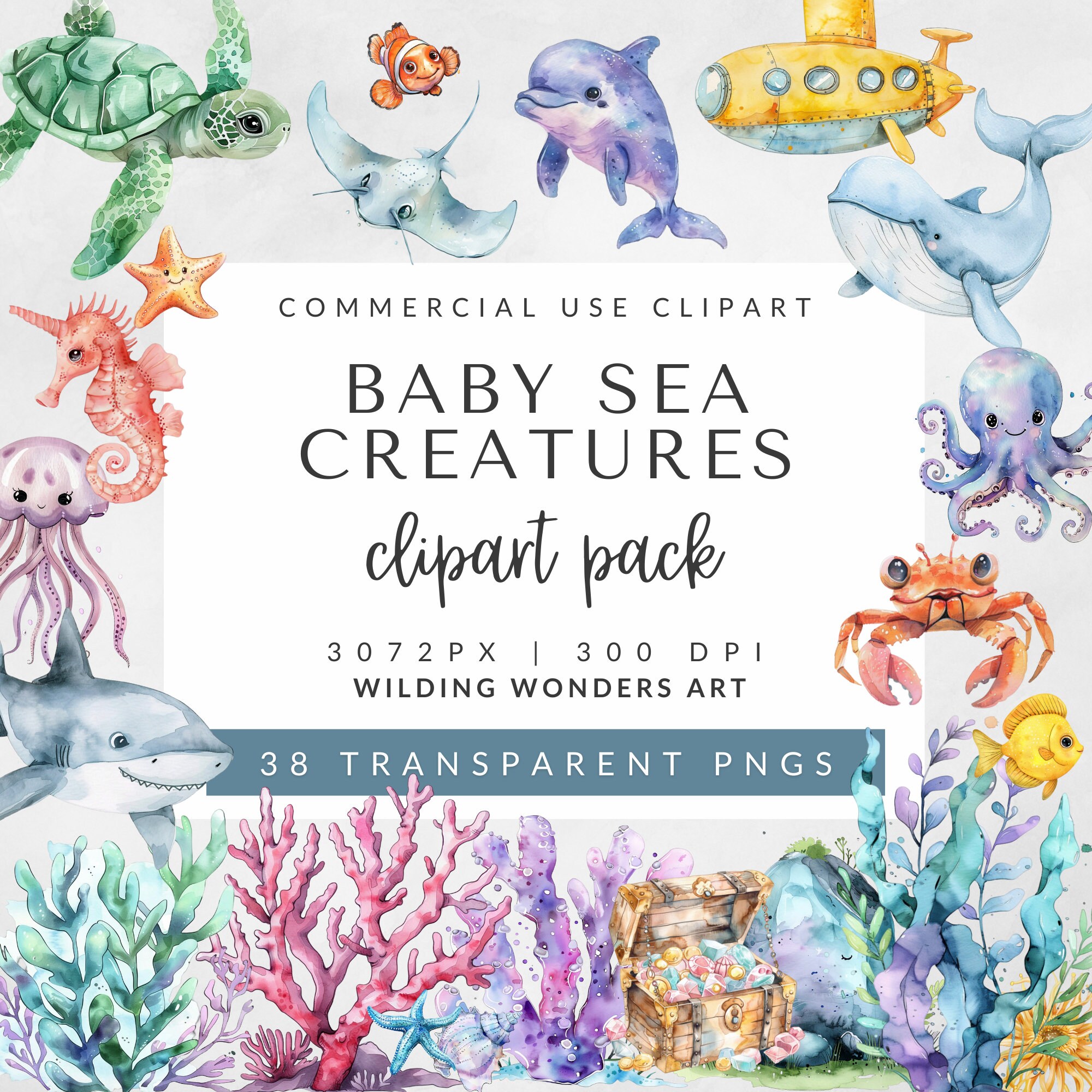 Baby Sea Creatures Clipart for Commercial Use, Sea Animals Clipart ...