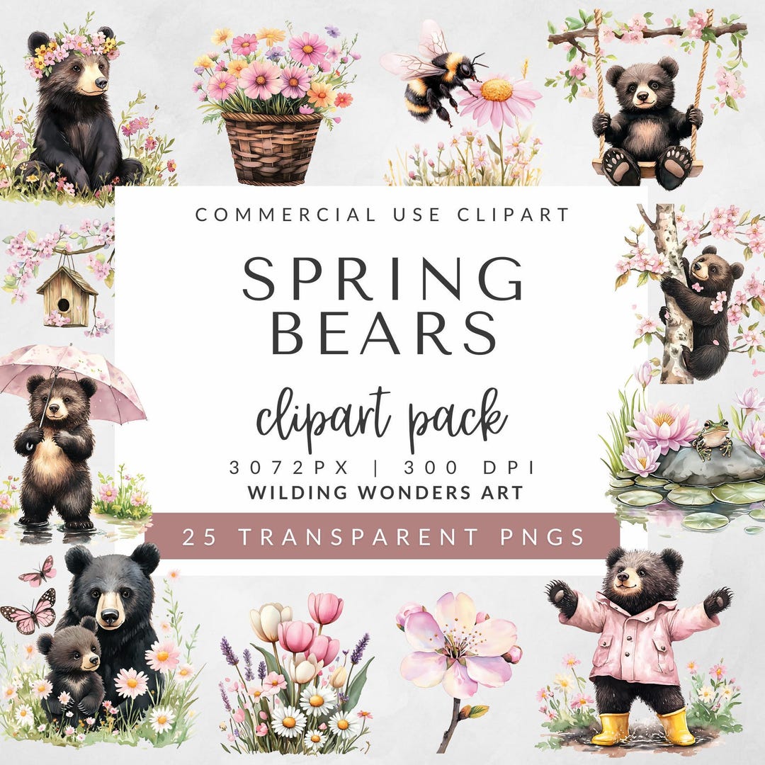 Spring Bears Clipart Pack for Commercial Use, Woodland Animals, Cute ...