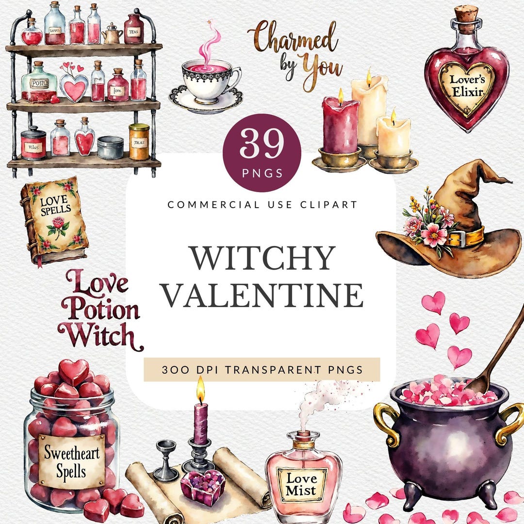 Witchy Valentine Clipart Pack for Commercial Use, Magic Love Potion ...