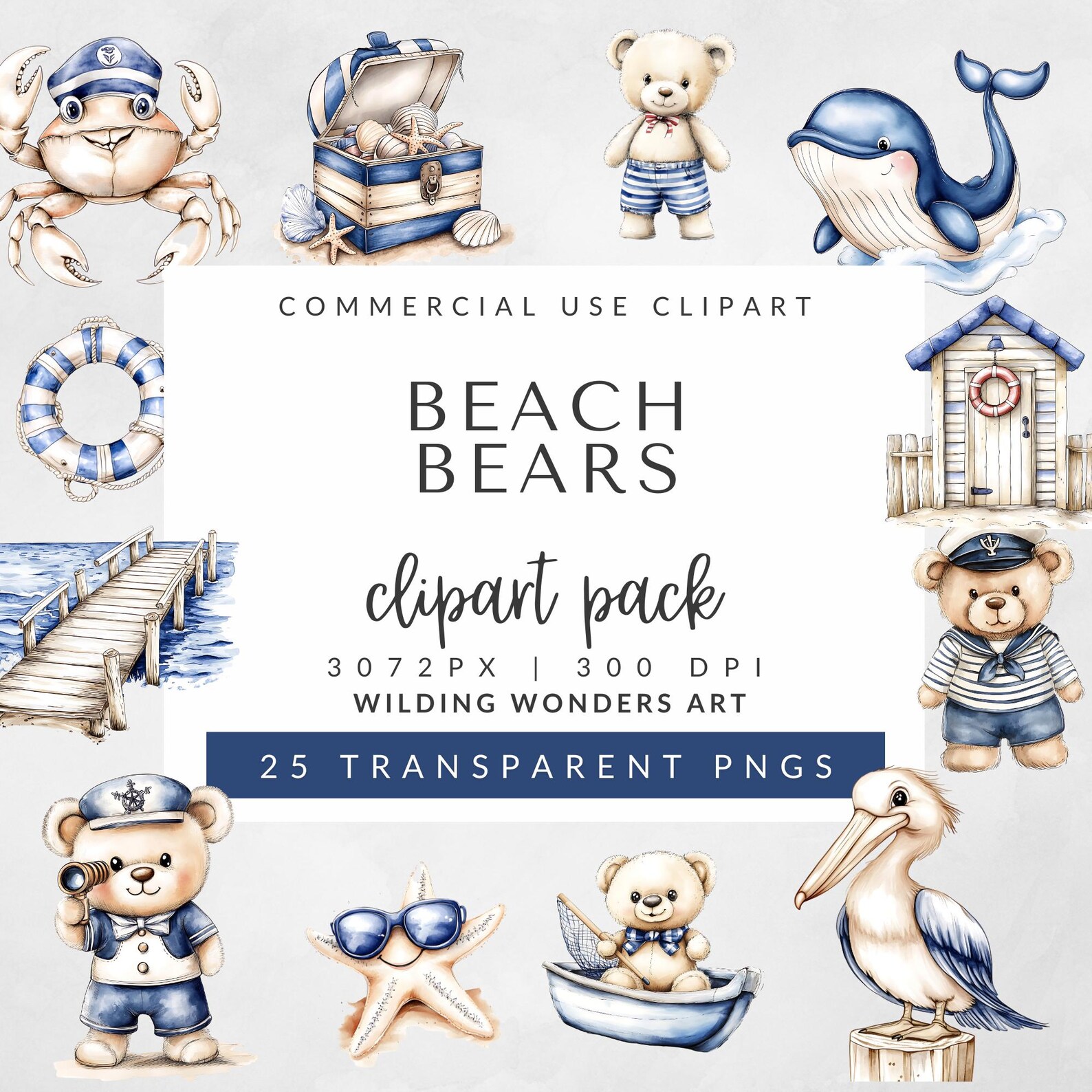 Beach Bears Clipart Pack for Commercial Use, Watercolor Teddy Bear ...