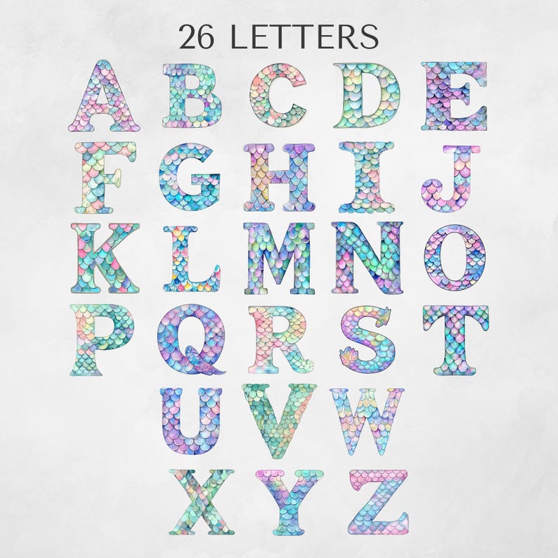 Mermaid Alphabet & Numbers Clipart for Commerical Use, Watercolor Sea ...