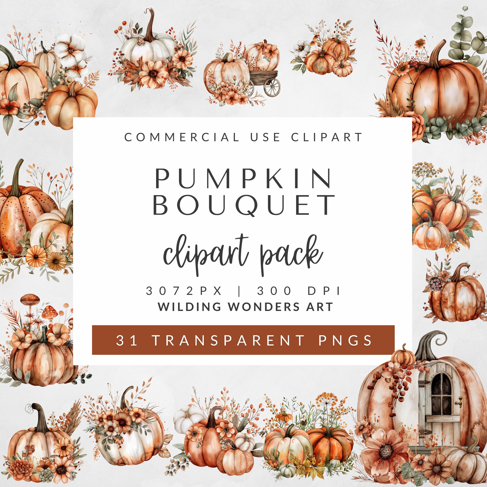 Watercolor Pumpkin Bouquet Clipart Pack Commercial Use, Cozy Fall ...