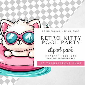 Kawaii Kitty Pool Party Clipart Pack for Commercial Use, Retro Kitty ...