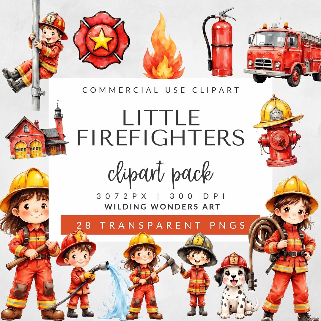 Little Firefighters Clipart Pack for Commercial Use, Fire Truck Nursery ...