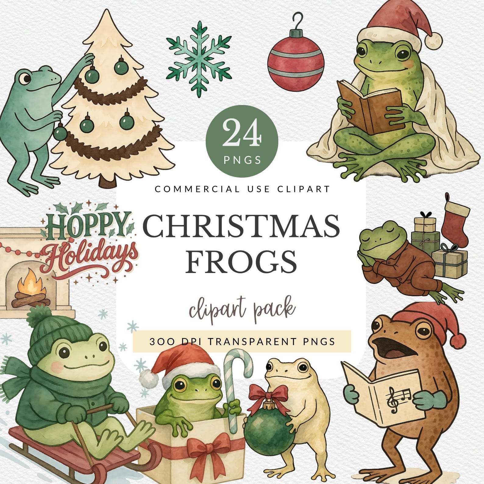 Christmas Frogs Clipart Pack for Commercial Use, Holiday Frog Pngs ...