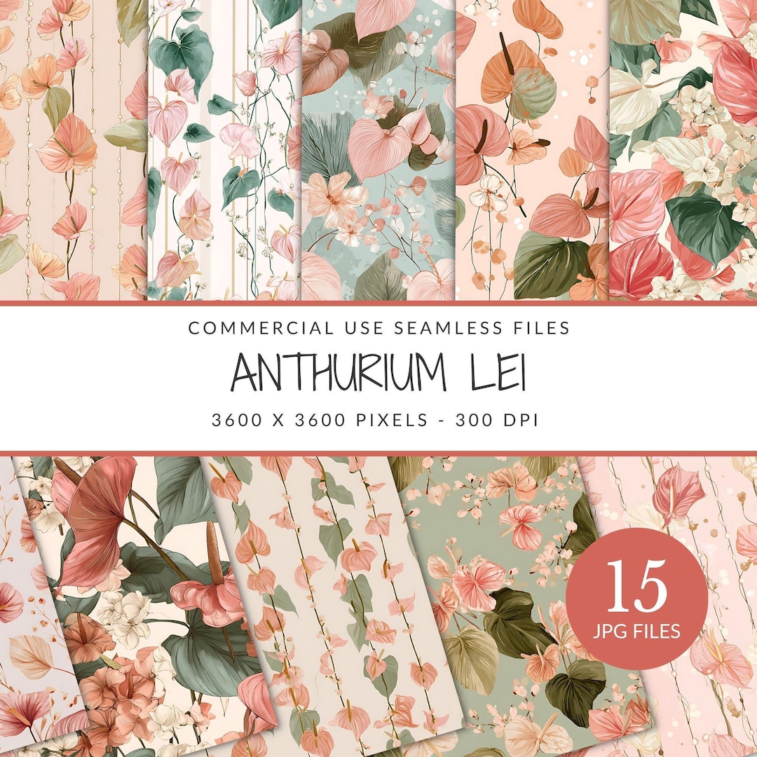 Anthurium Lei Seamless Pattern Pack for Commercial Use, Tropical Floral ...