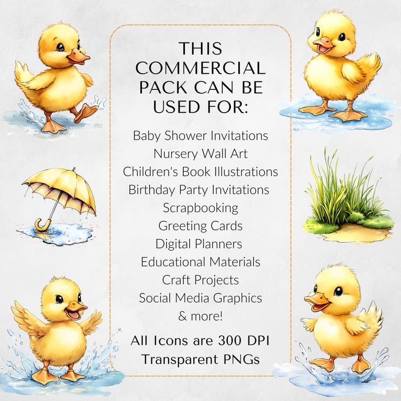 Duck in Puddle Clipart for Commercial Use, Baby Shower Clipart, Cute ...