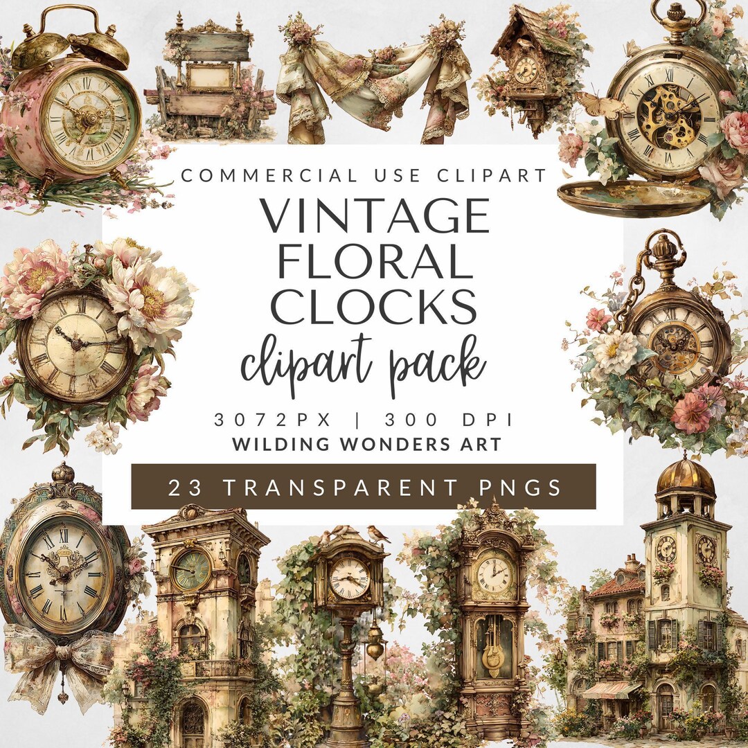 Vintage Floral Clocks Clipart Pack for Commercial Use, Cottagecore ...