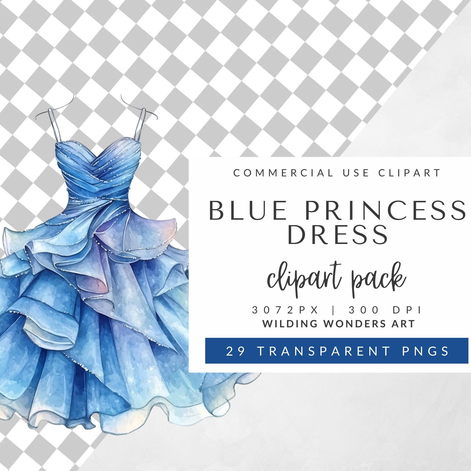 Watercolor Blue Princess Dress Clipart for Commercial Use, Watercolor ...