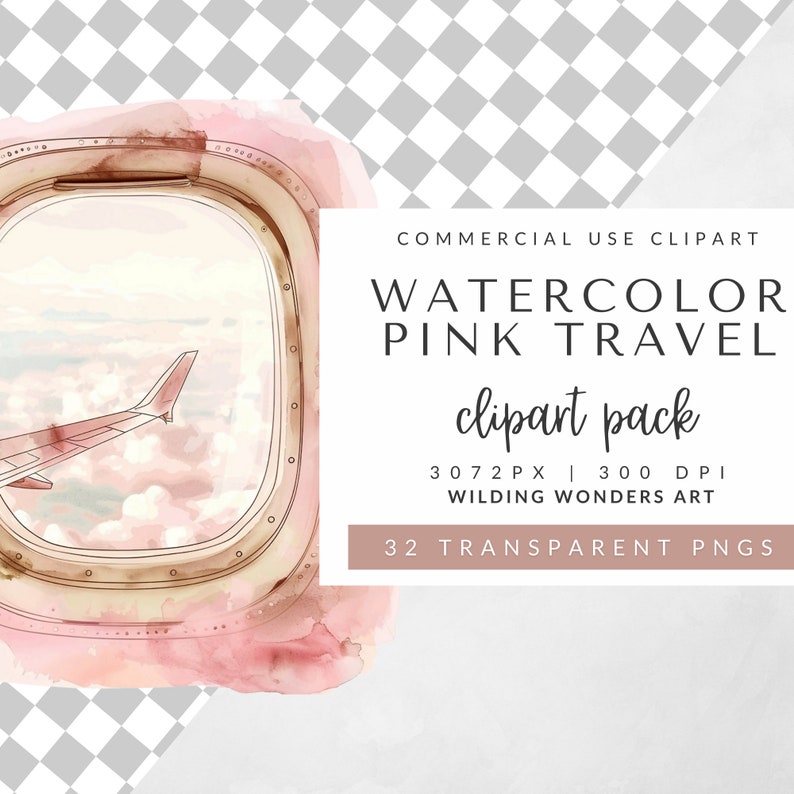 Travel Watercolor Pink Girly Clipart Pack for Commercial Use, Travel ...