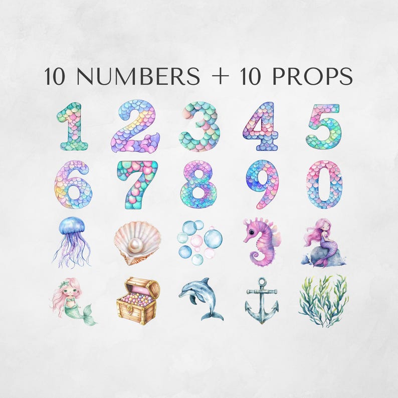 Mermaid Alphabet & Numbers Clipart for Commerical Use, Watercolor Sea ...