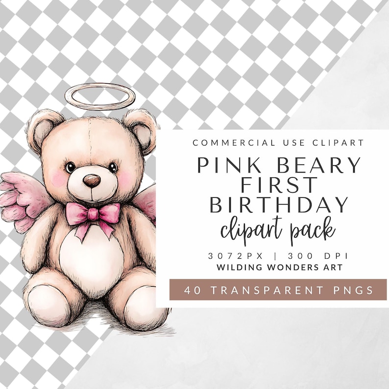 Pink Beary First Birthday Clipart Pack for Commercial Use, Baby Shower ...
