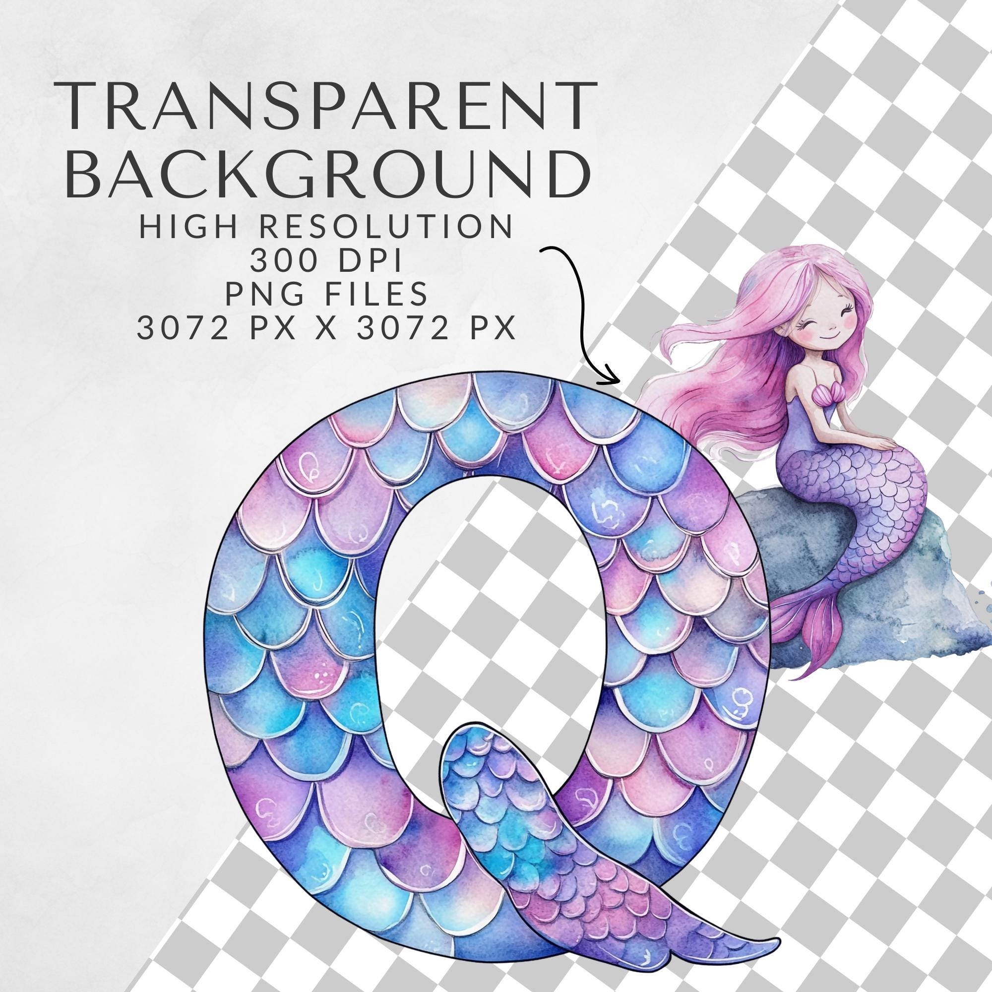 Mermaid Alphabet & Numbers Clipart for Commerical Use, Watercolor Sea ...