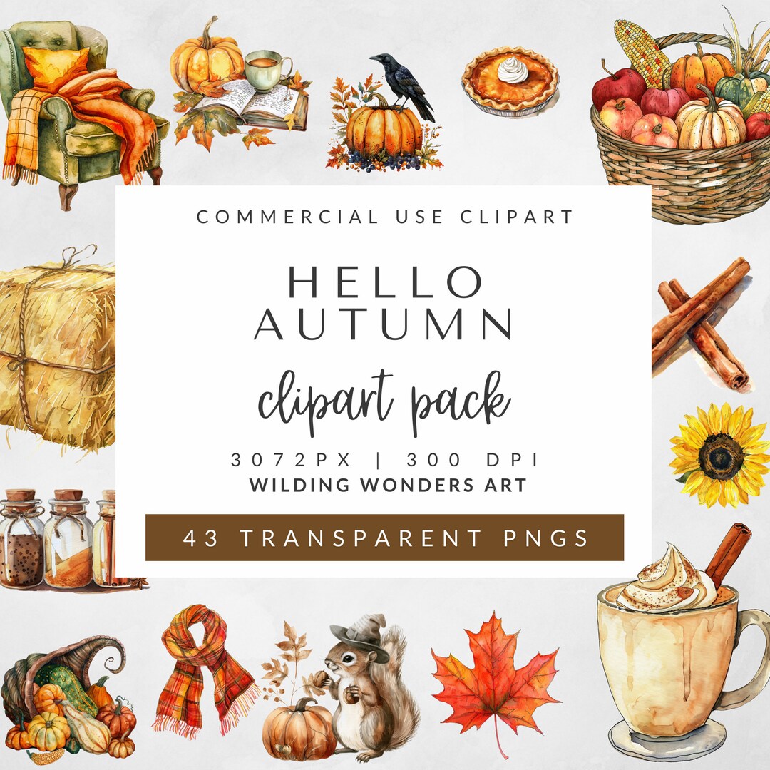 Watercolor Fall Clipart for Commercial Use: Cozy Fall Clipart, Pumpkin ...
