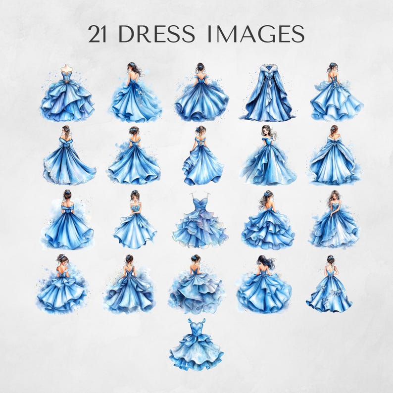 Watercolor Blue Princess Dress Clipart for Commercial Use, Watercolor ...