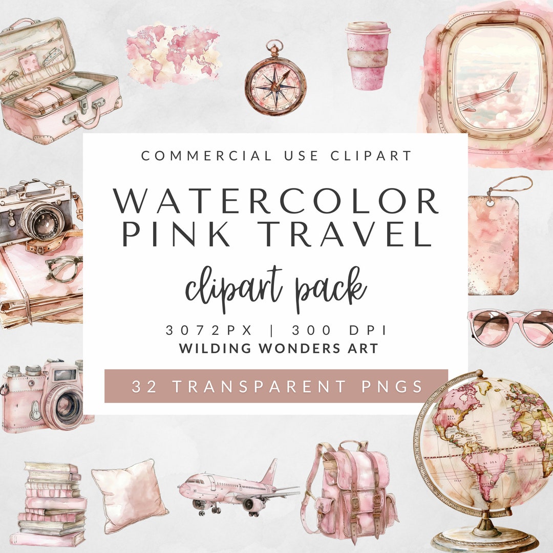Travel Watercolor Pink Girly Clipart Pack for Commercial Use, Travel ...