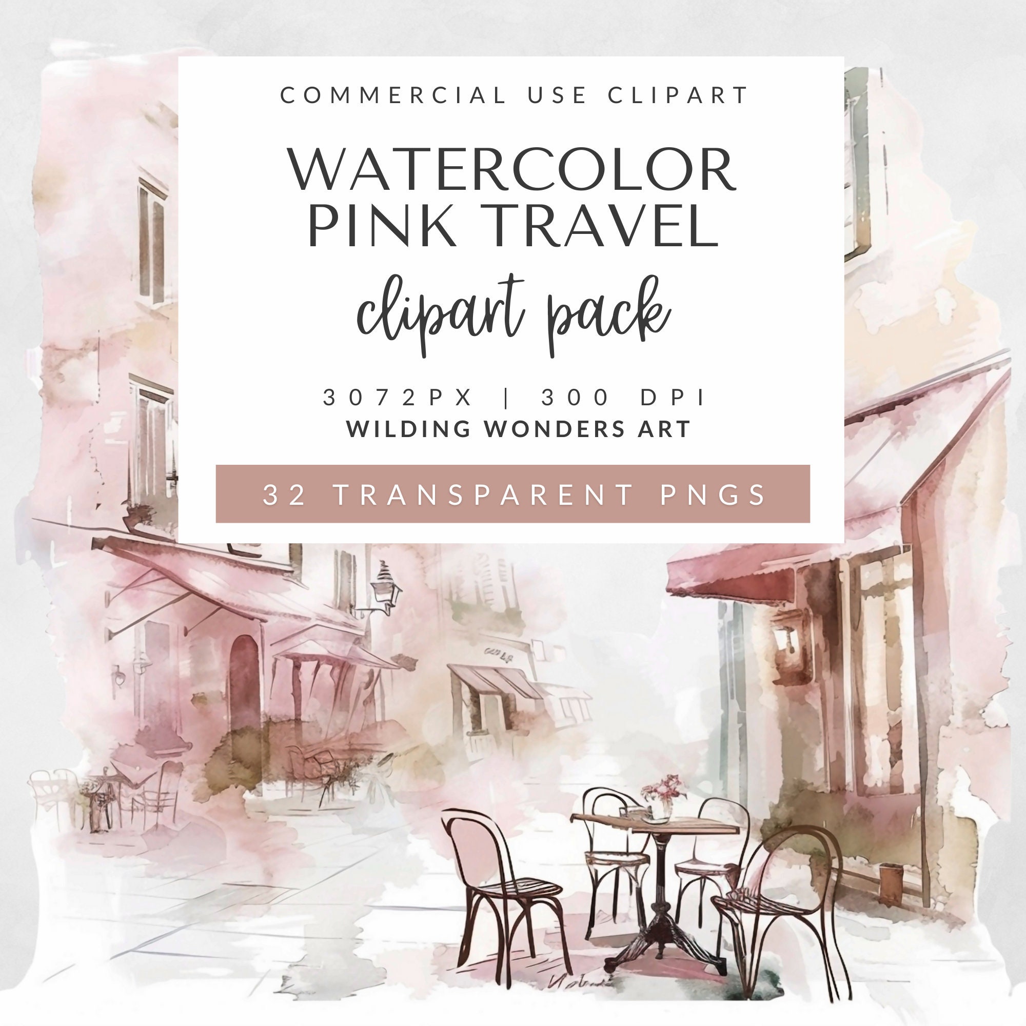 Travel Watercolor Pink Girly Clipart Pack for Commercial Use, Travel ...
