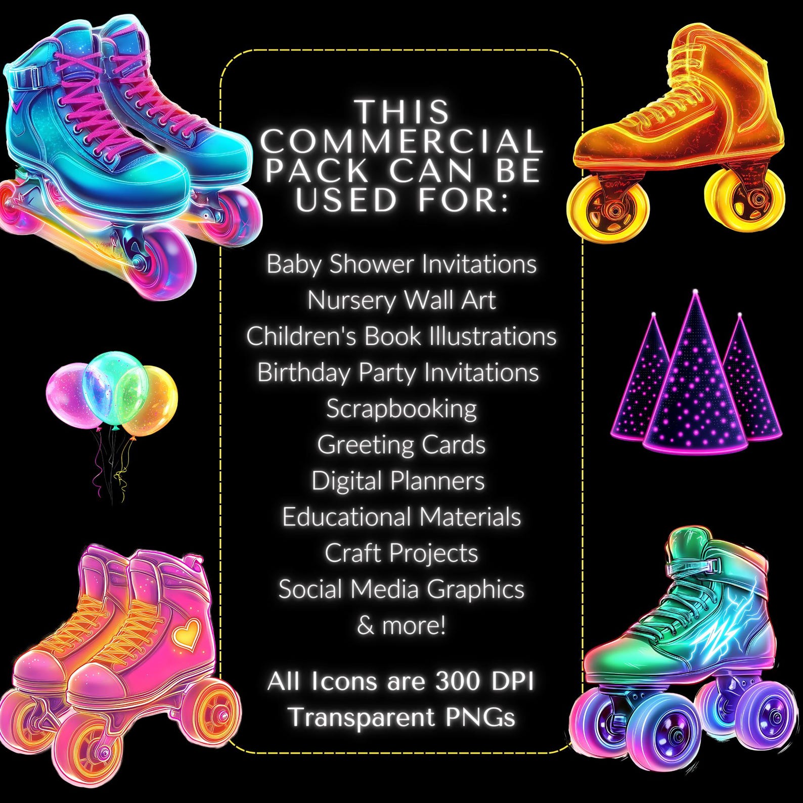 Neon Roller Skate Party Clipart, Neon Roller Skates, Skater Girl Art ...