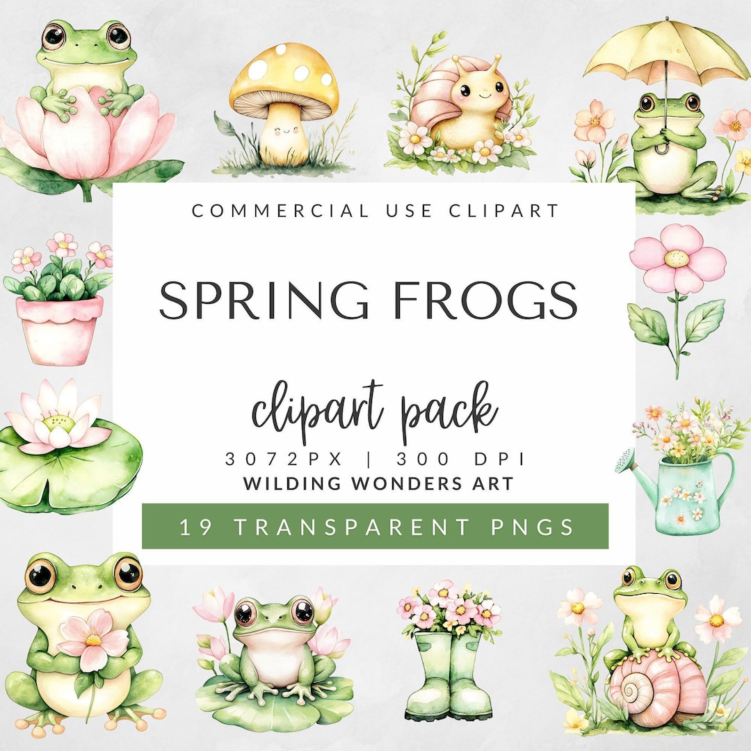 Spring Frogs Clipart Pack for Commercial Use, Watercolor Frog, Cute ...