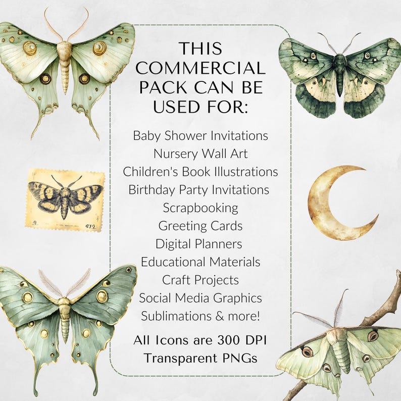 Luna Moth Clipart Pack for Commercial Use, Mystical Butterfly ...