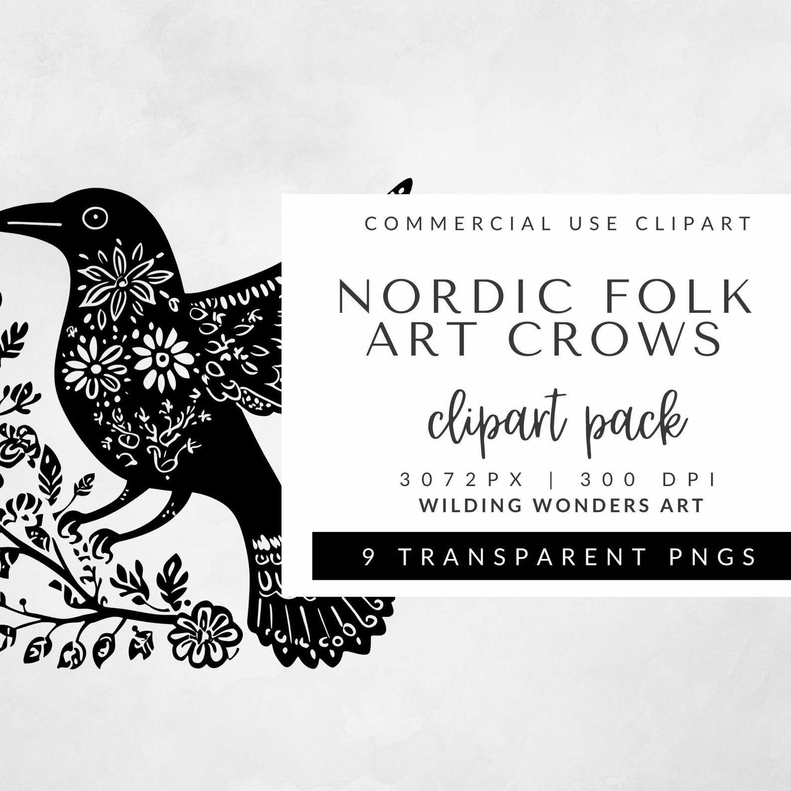 Nordic Folk Art Crows Clipart Pack for Commercial Use, Scandinavian Png ...