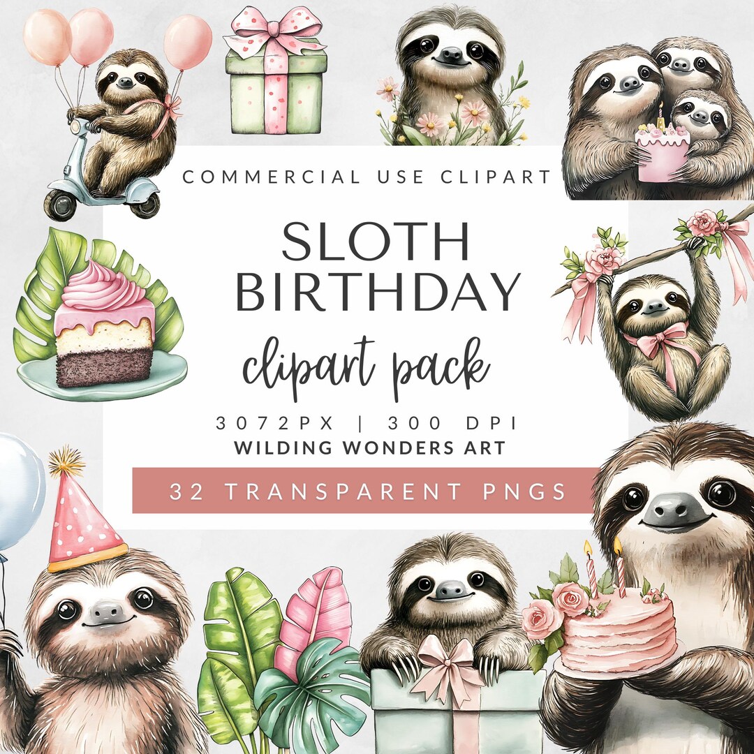 Sloth Birthday Clipart: Jungle Birthday Images, Sloth Celebration PNG ...
