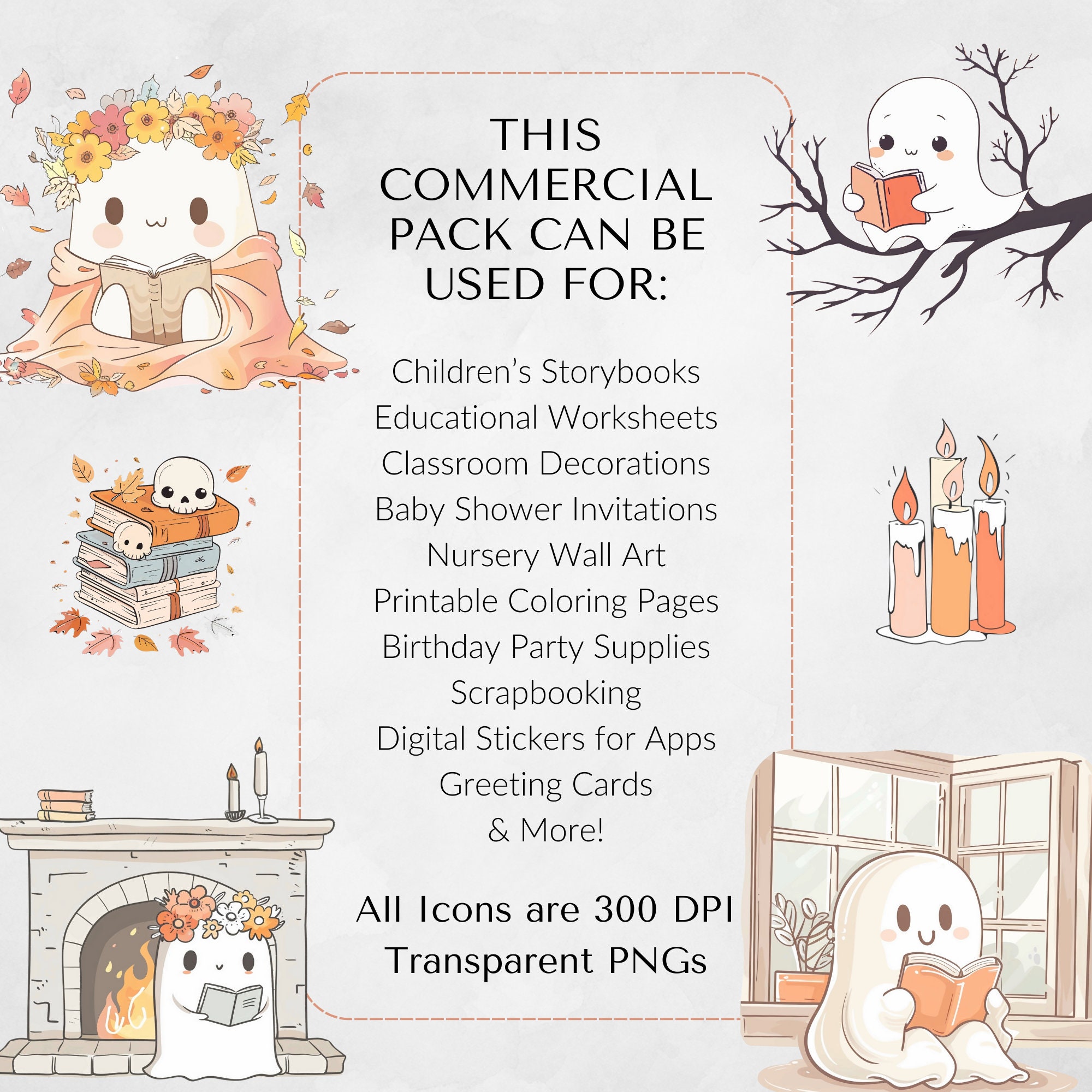 Reading Ghost Clipart Pack for Commercial Use, Cute Halloween Ghosts ...