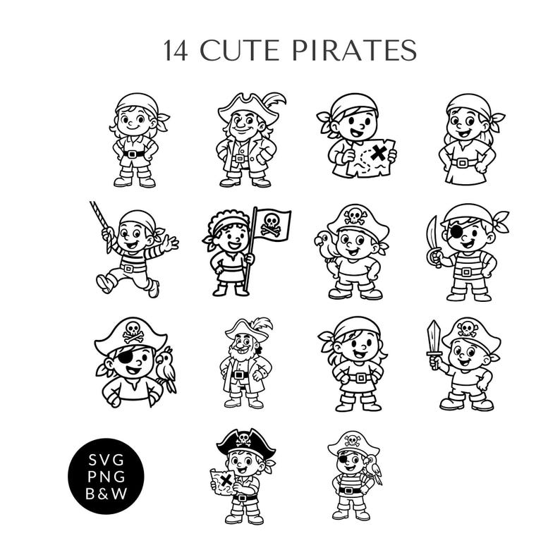 Cute Pirate Black and White Clipart Pack for Commercial Use, Pirate ...