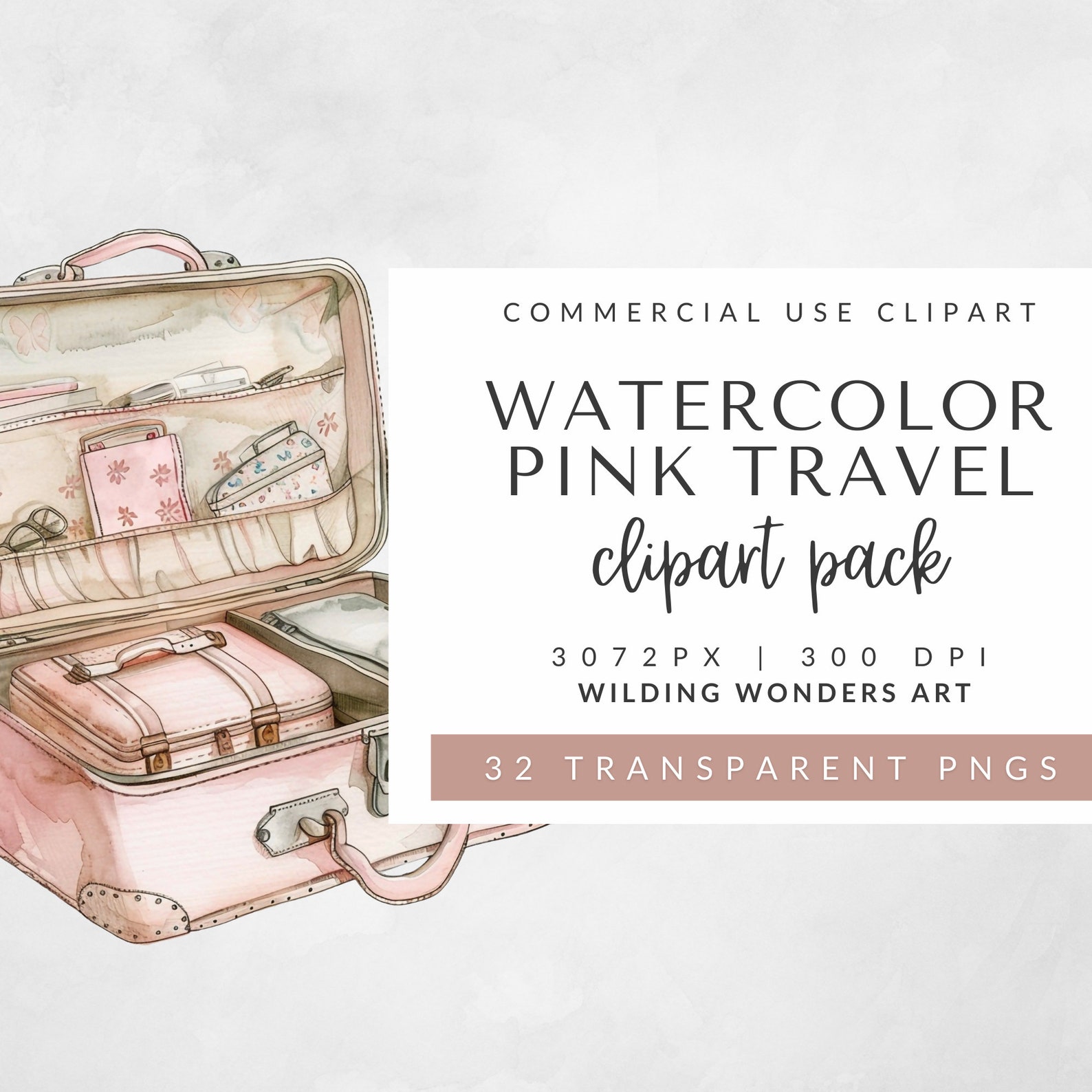Travel Watercolor Pink Girly Clipart Pack for Commercial Use, Travel ...