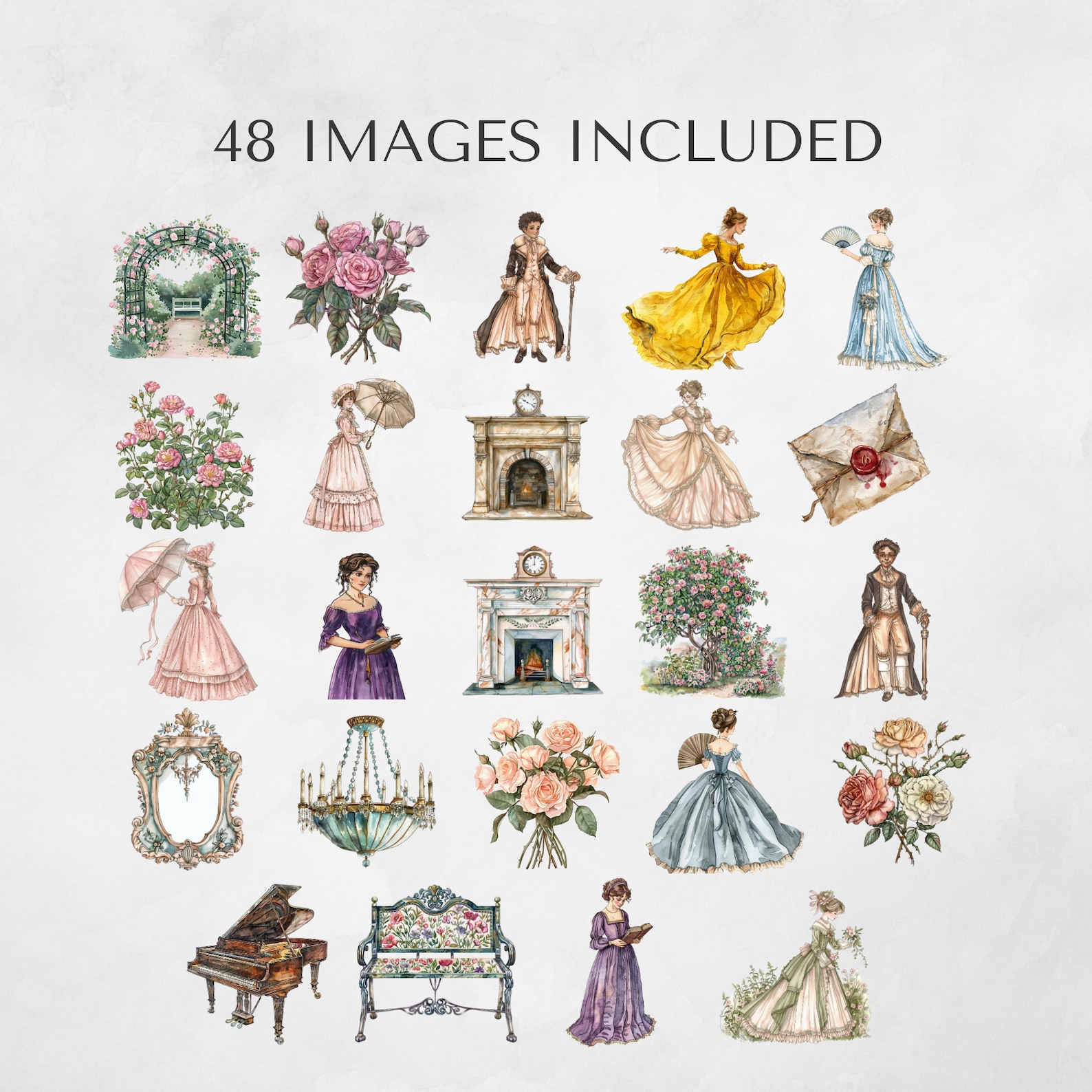 Regency Era Clipart for Commercial Use, Watercolor Victorian Clipart ...