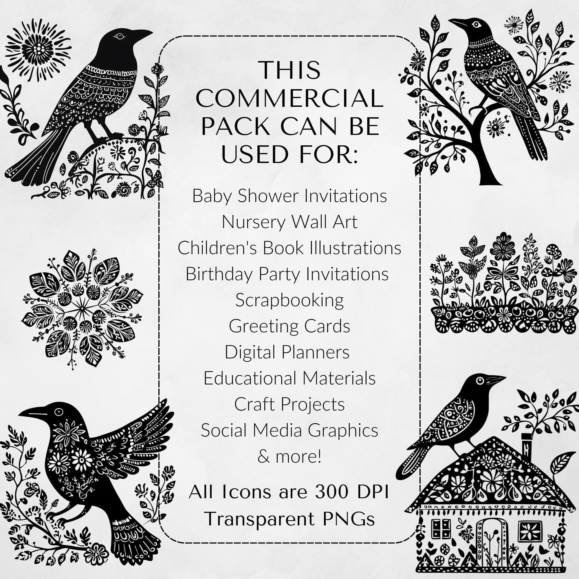 Nordic Folk Art Crows Clipart Pack for Commercial Use, Scandinavian Png ...