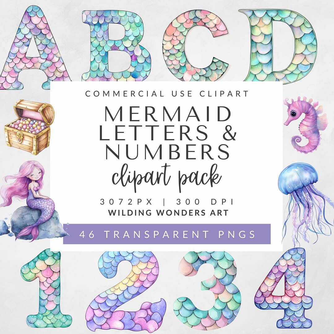 Mermaid Alphabet & Numbers Clipart for Commerical Use, Watercolor Sea ...