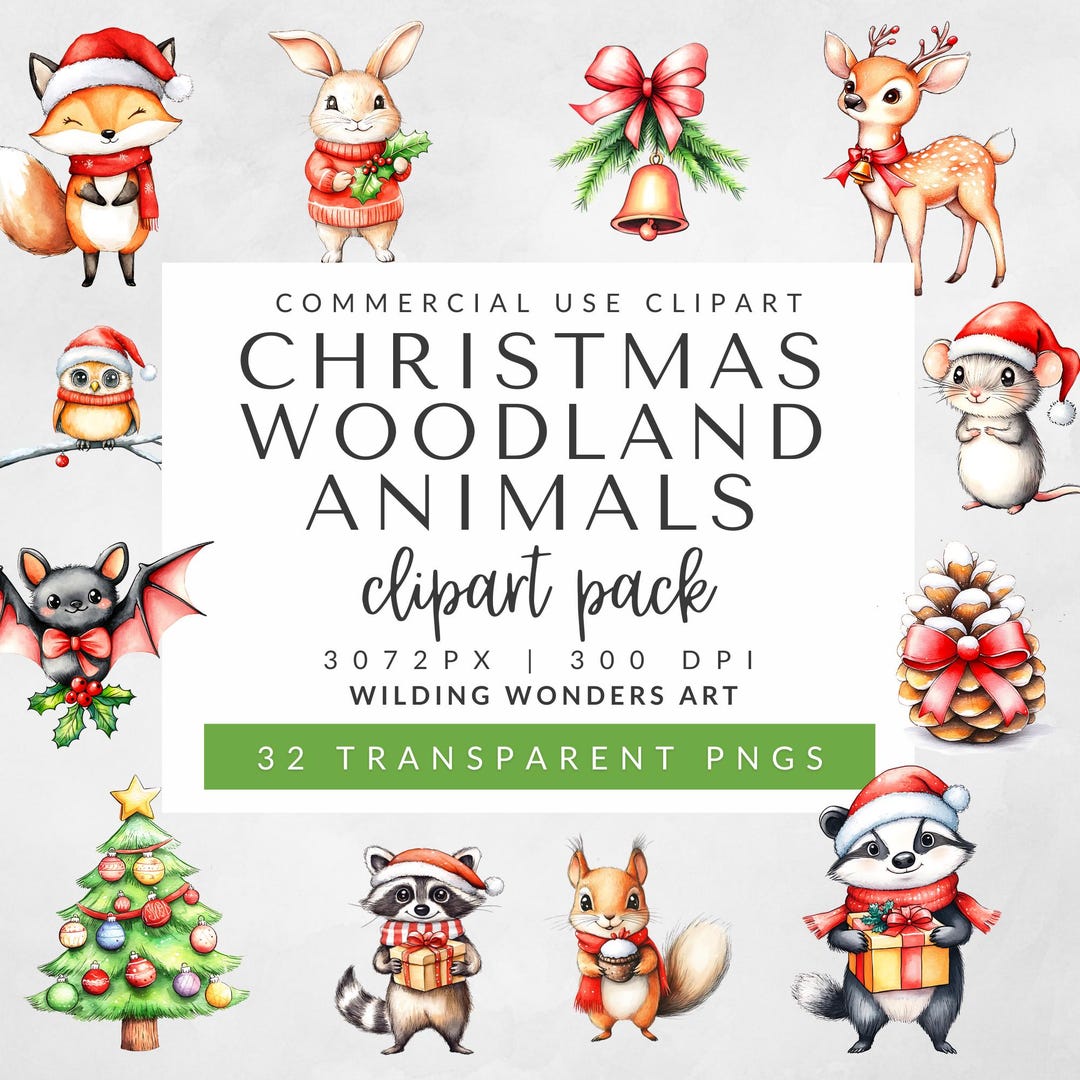 Woodland Christmas Animals Clipart Pack for Commercial Use, Watercolor ...