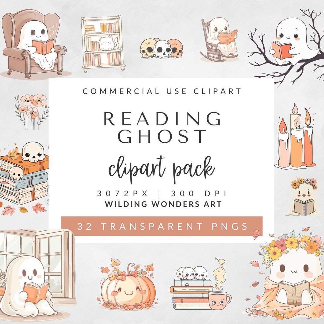 Reading Ghost Clipart Pack for Commercial Use, Cute Halloween Ghosts ...